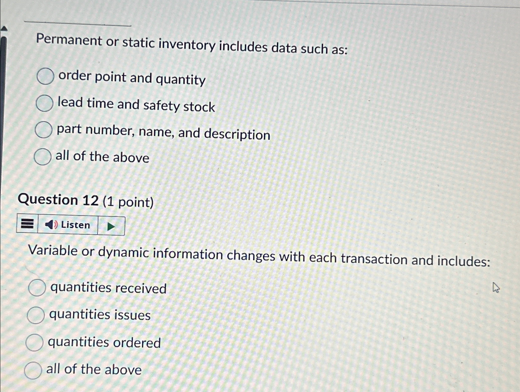 Solved Permanent or static inventory includes data such | Chegg.com