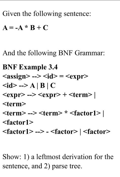 Solved Given the following sentence: A=-A* B+C B And the | Chegg.com
