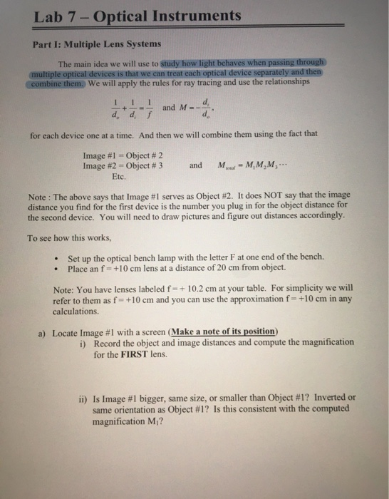 Solved Lab 7 - Optical Instruments Part I: Multiple Lens | Chegg.com