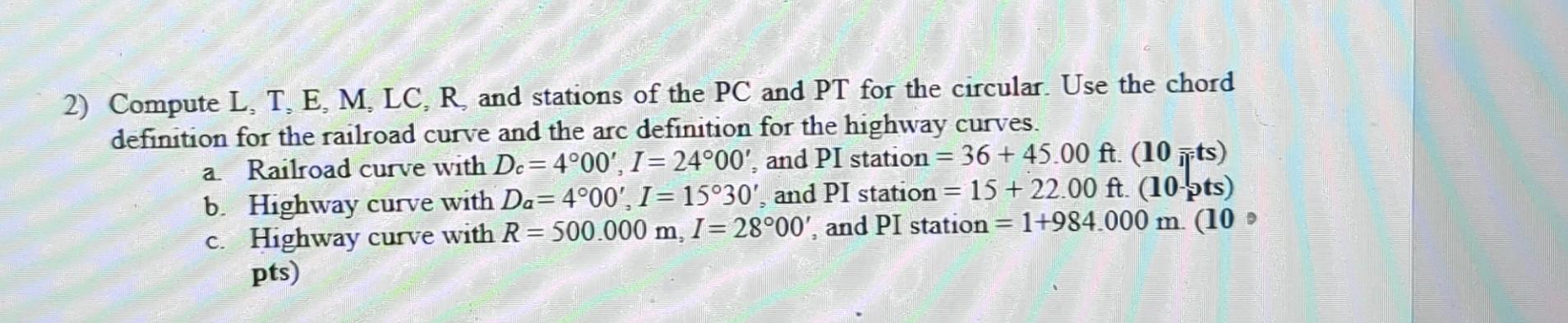 2) Compute L,T,E,M,LC,R, and stations of the PC and | Chegg.com