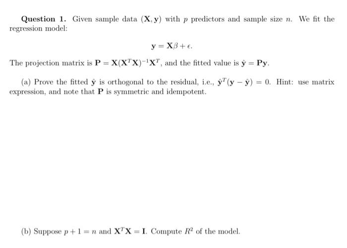 Solved Question 1. Given sample data (X,y) with p predictors | Chegg.com