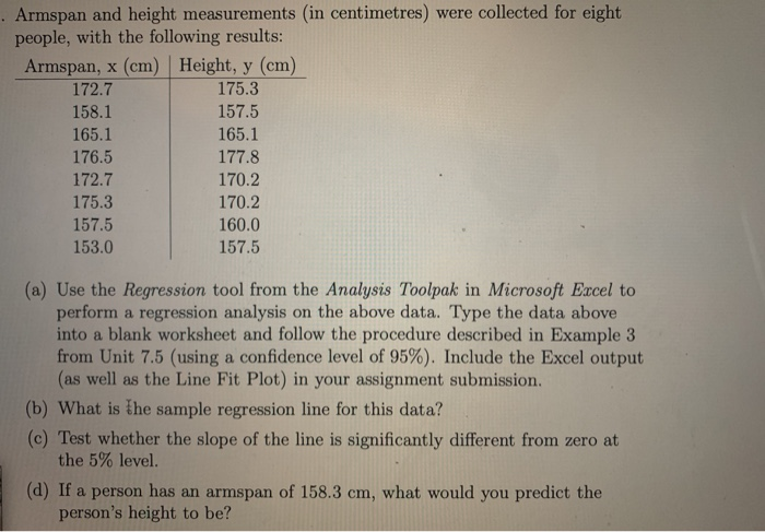 Solved Armspan and height measurements (in centimetres) were | Chegg.com