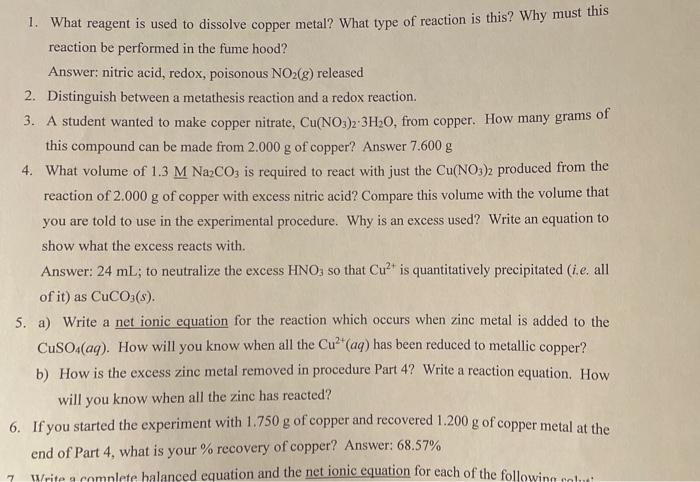 Solved 8 1. What reagent is used to dissolve copper metal? | Chegg.com