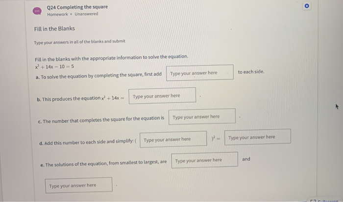 Solved Q24 Completing the square Homework. Unanswered Fill | Chegg.com
