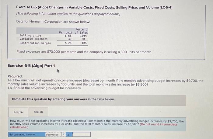 Solved Exercise 6-5 (Algo) Changes in Variable Costs, Fixed | Chegg.com