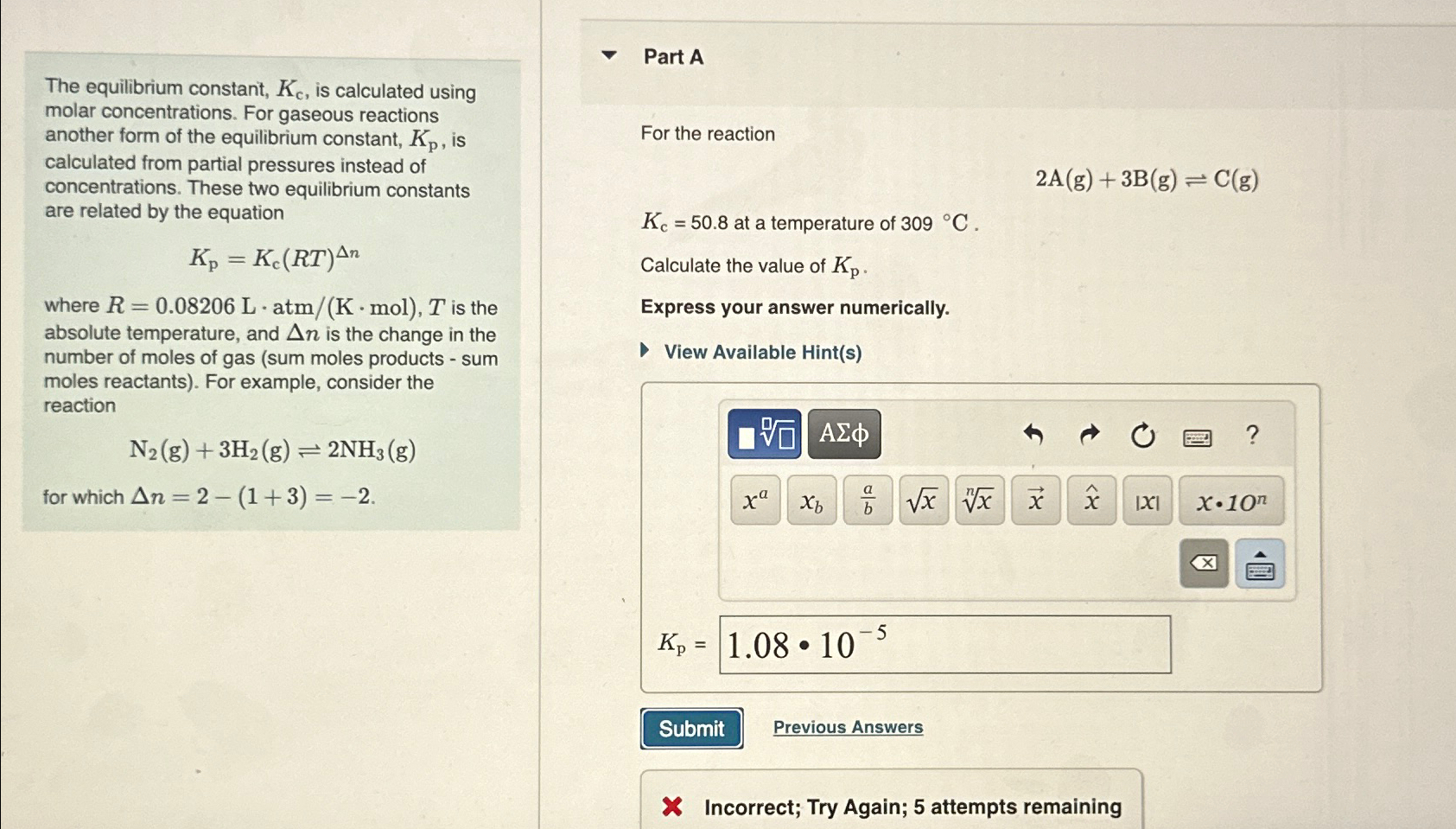 Solved The equilibrium constant, Kc, ﻿is calculated using | Chegg.com