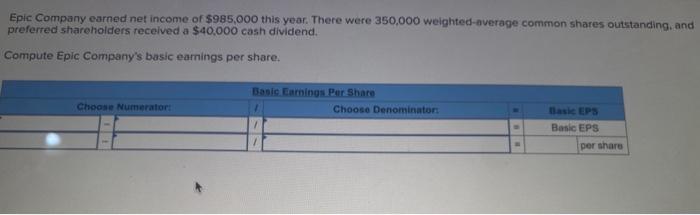 Solved Epic Company earned net income of $985,000 this year. | Chegg.com