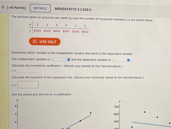Solved Use the given set of bivariate data. x 1 2 3 4 5 6 y | Chegg.com
