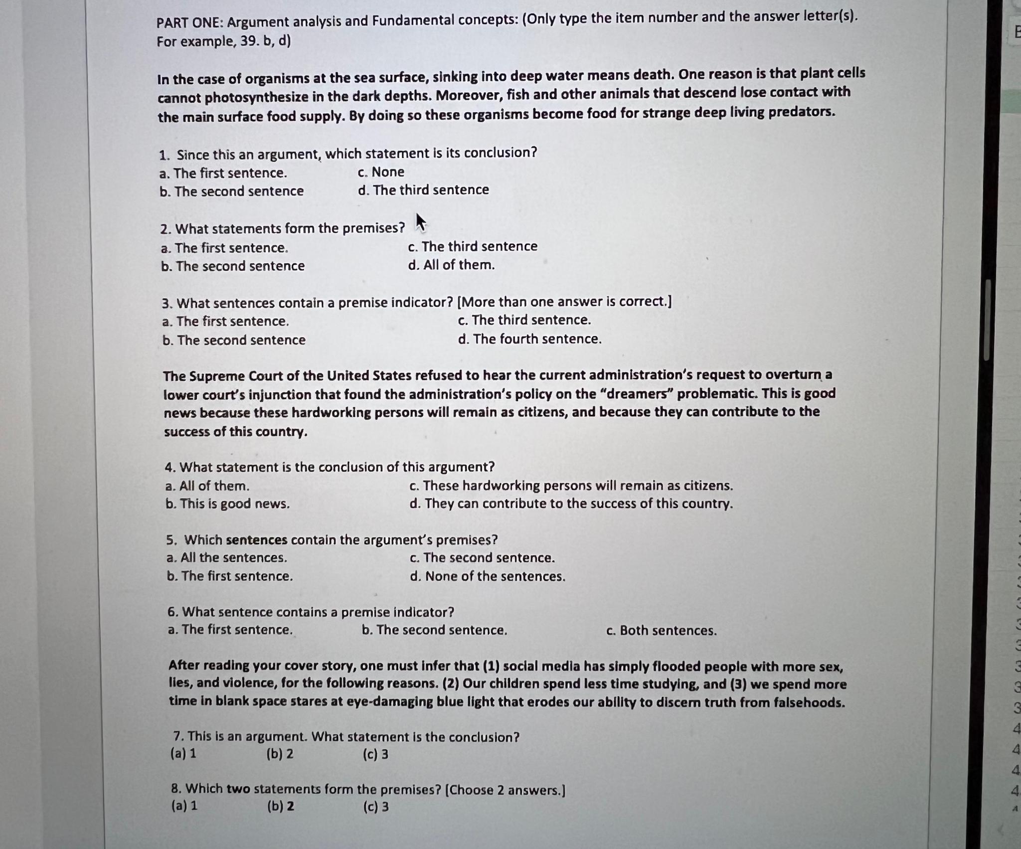 Solved PART ONE: Argument analysis and Fundamental concepts: | Chegg.com