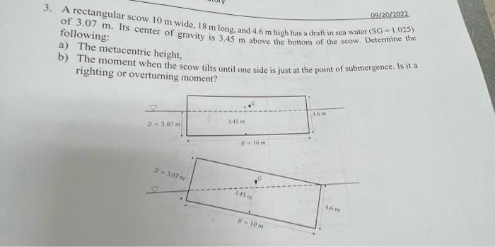 3. A rectangular scow 10 m wide 09/20/2022 of 3.07 m. | Chegg.com