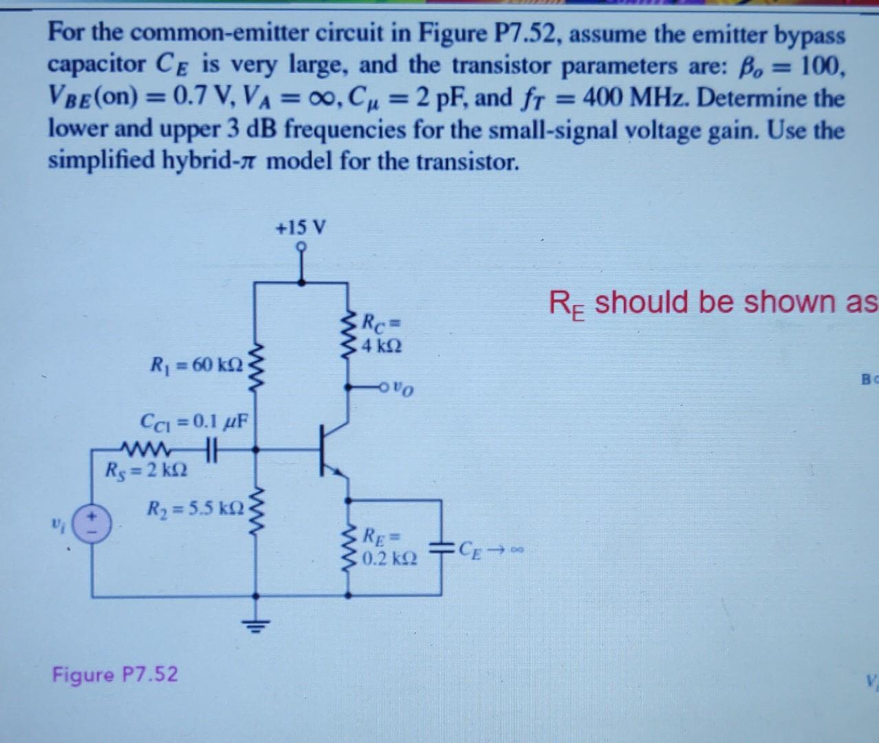 Solved For the common-emitter circuit in Figure P7.52, | Chegg.com