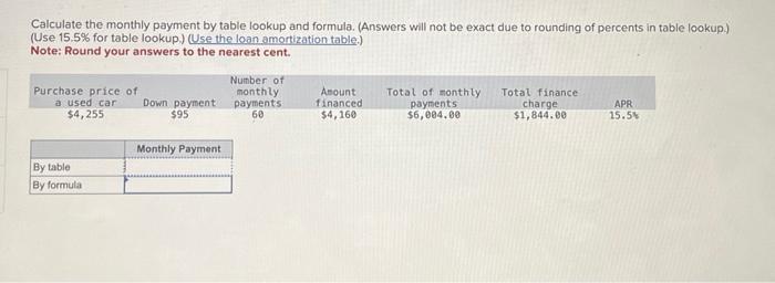 Solved Calculate the monthly payment by table lookup and | Chegg.com