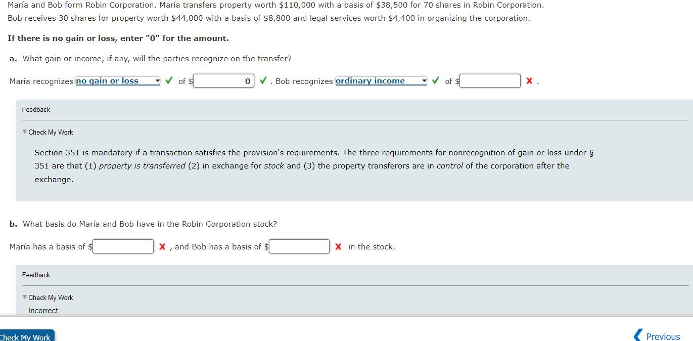 Solved María and Bob form Robin Corporation. María transfers | Chegg.com