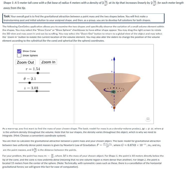 Solved Shape 1: A 5-meter tall cone with a flat base of | Chegg.com