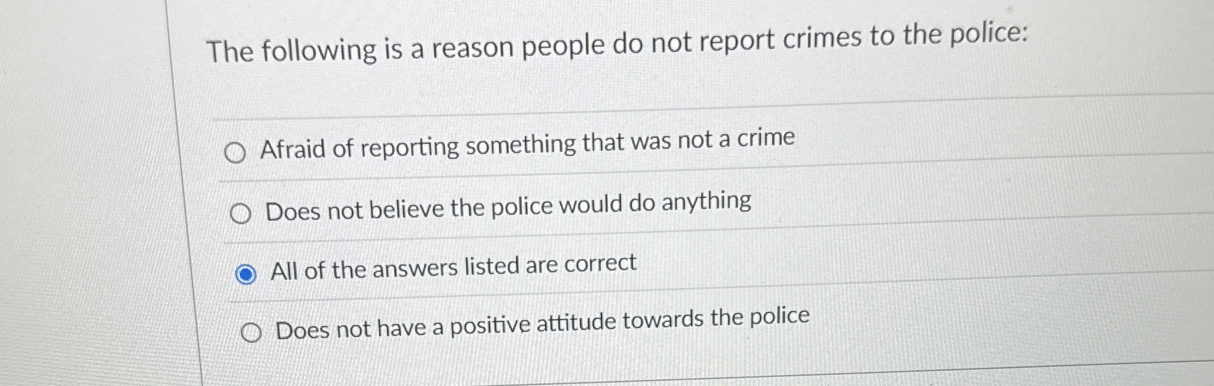 Solved The following is a reason people do not report crimes | Chegg.com