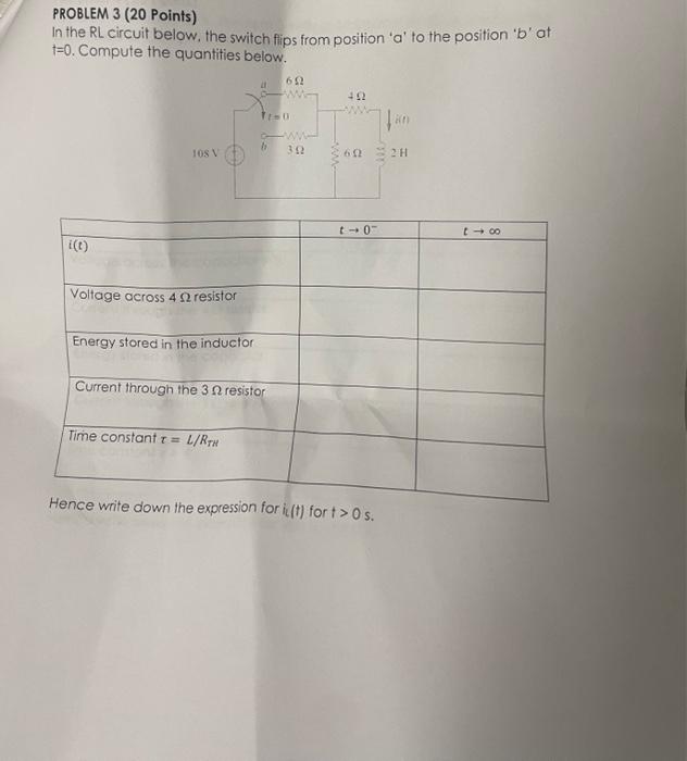 Solved PROBLEM 3 (20 Points) In the RL circuit below, the | Chegg.com