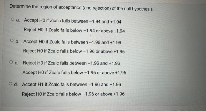Solved Determine the region of acceptance (and rejection) of | Chegg.com