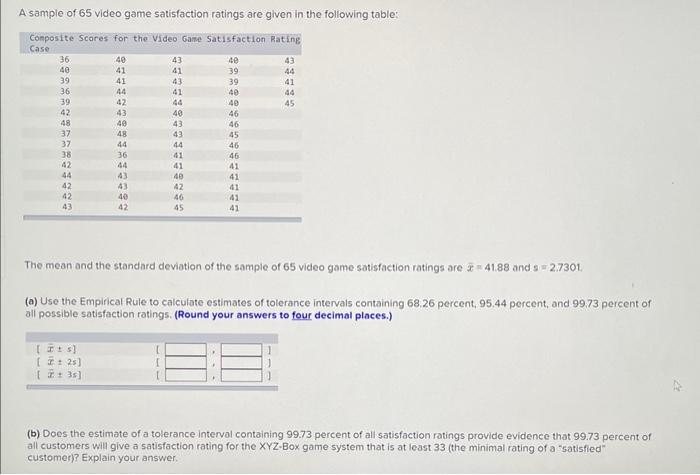 Solved A sample of 65 video game satisfaction ratings are | Chegg.com