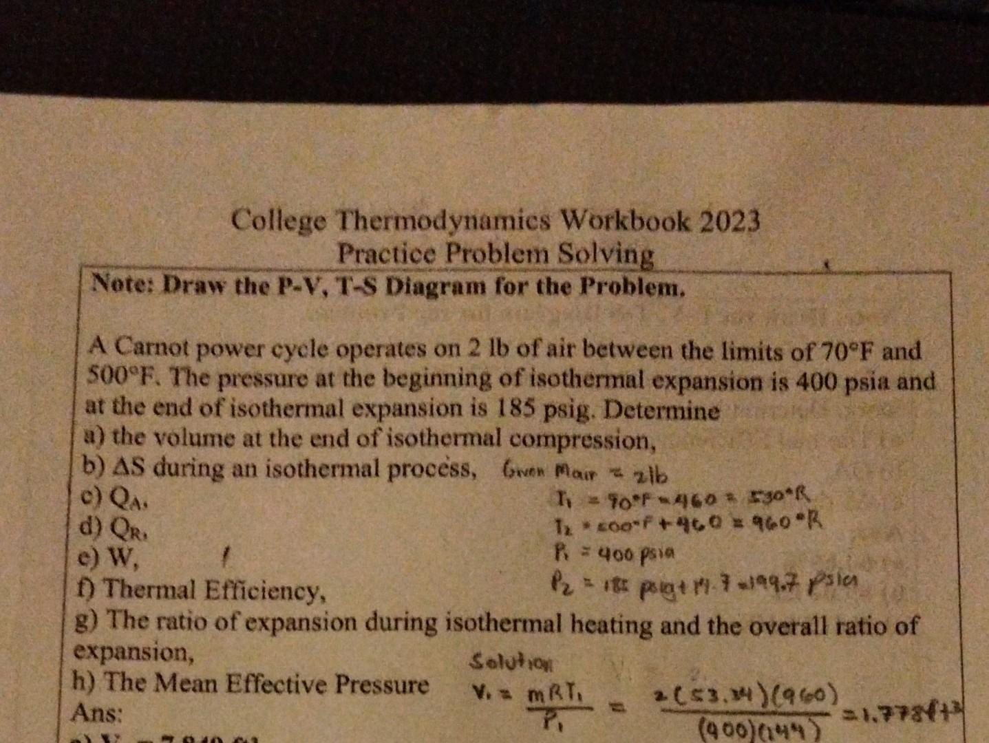 College Thermodynamics Workbook 2023 Practice Problem | Chegg.com