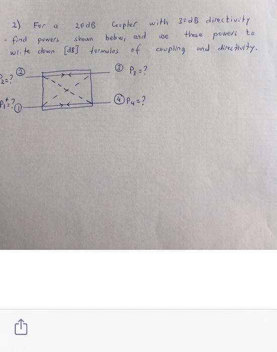 Solved For a 2) 20 dB Coupler with 30 dB directivity find | Chegg.com