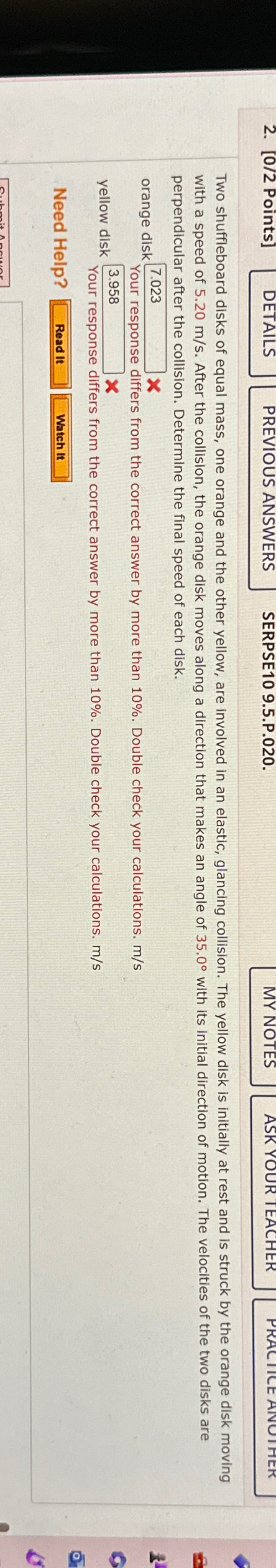 Solved SERPSE10 9.5.P.020. ﻿with a speed of 5.20ms. ﻿After | Chegg.com