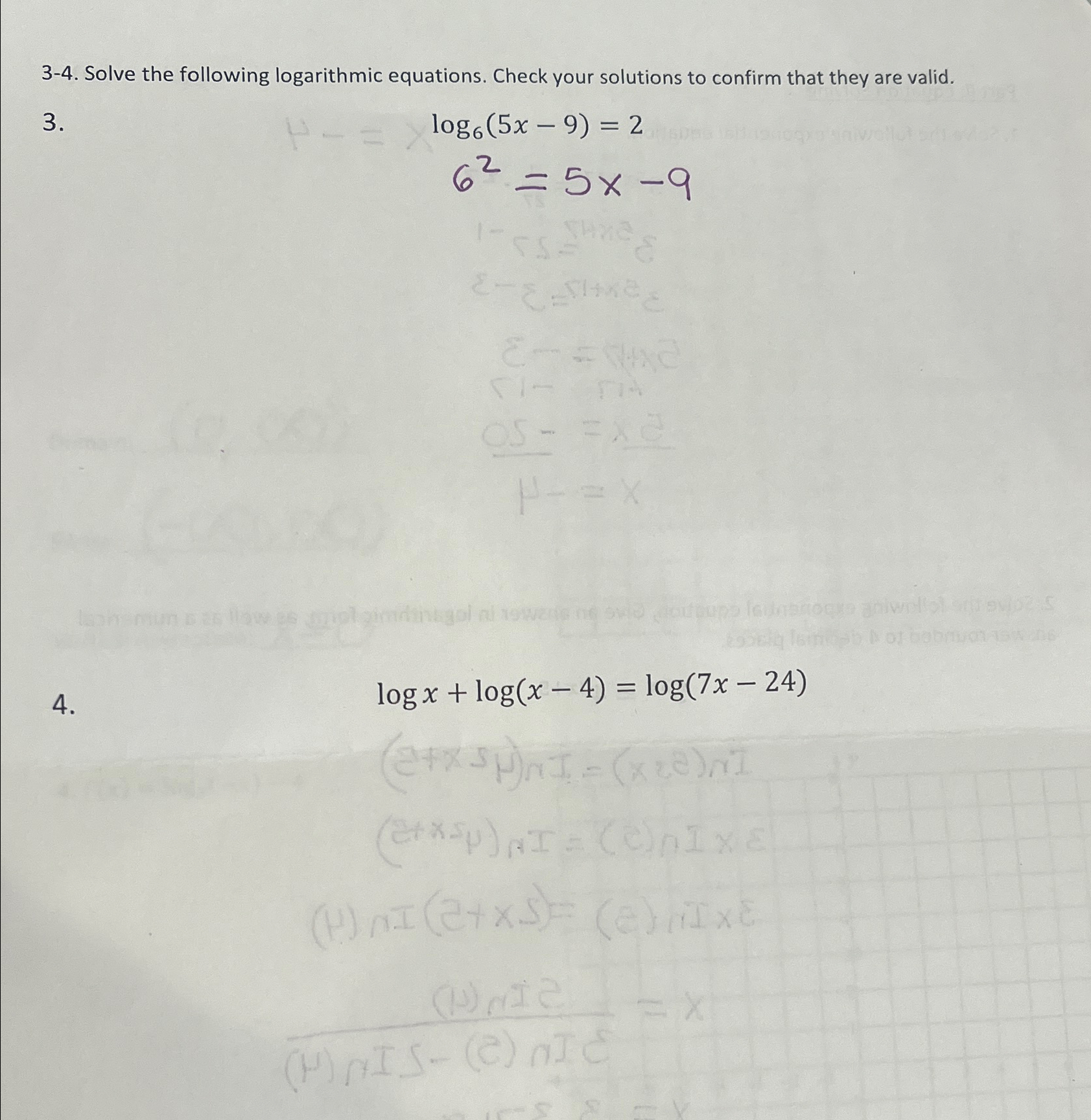 Solved 3-4. ﻿Solve the following logarithmic equations. | Chegg.com