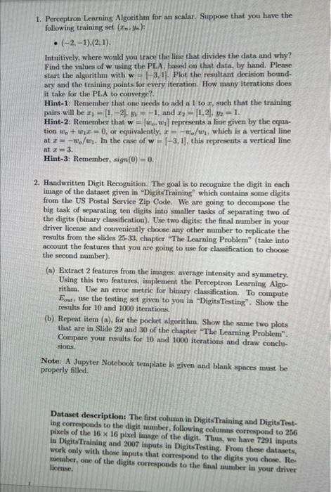 Solved 1. Perceptron Learning Algorithm for an sealar. | Chegg.com