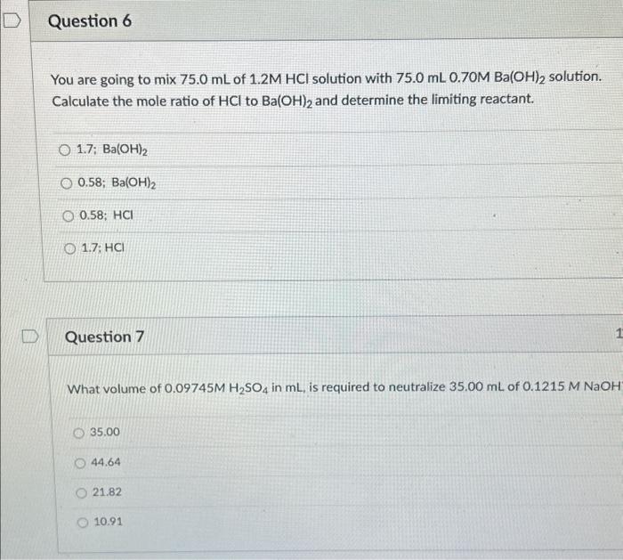 Solved Question 6 You are going to mix 75.0 mL of 1.2M HCI | Chegg.com