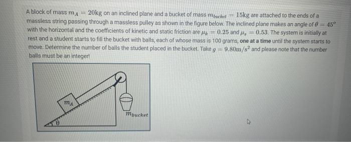 Solved A block of mass mA=20 kg on an inclined plane and a | Chegg.com