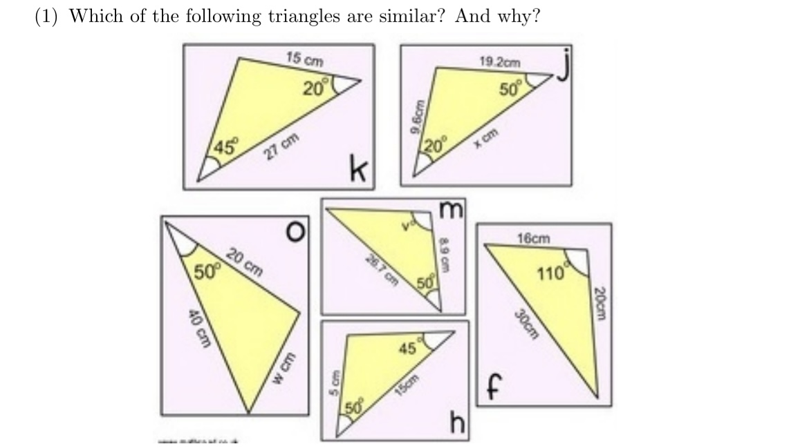 Solved (1) ﻿Which of the following triangles are similar? | Chegg.com