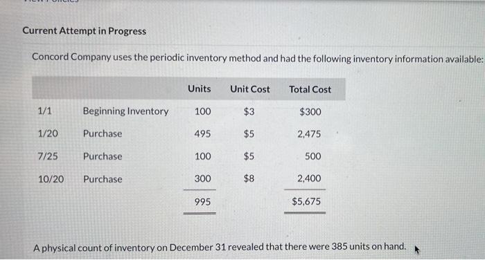Solved Current Attempt in Progress Concord Company uses the | Chegg.com