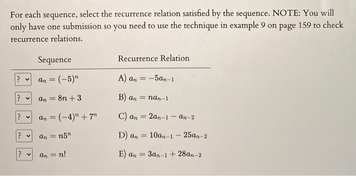 Solved For each sequence, select the recurrence relation | Chegg.com