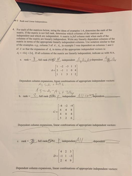 Solved Abs Rank and Linear Independence 4. For each of the | Chegg.com