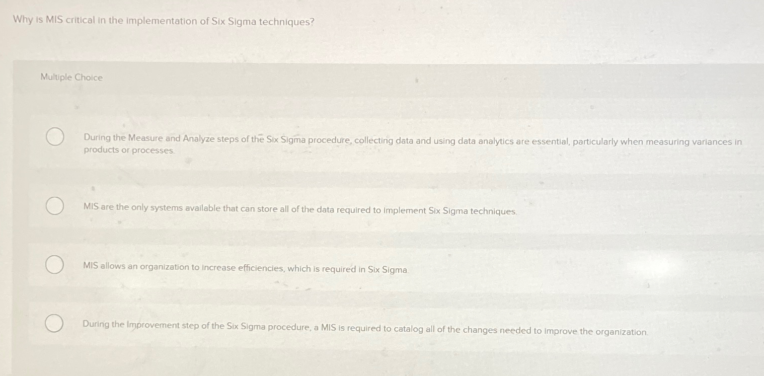 Solved Why is MIS critical in the implementation of Six | Chegg.com