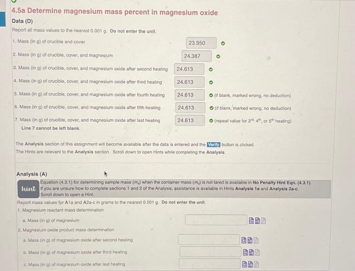 Solved 4.5a Determine magnesium mass percent in magnesium | Chegg.com