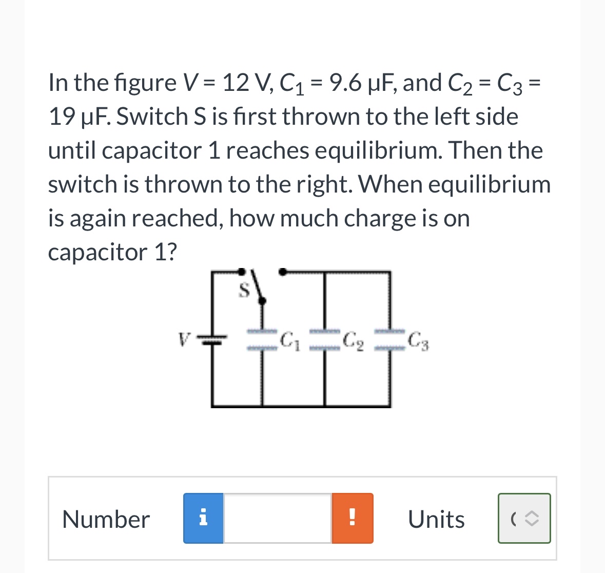 Solved In the figure V=12V,C1=9.6μF, ﻿and C2=C3= 19μF. | Chegg.com