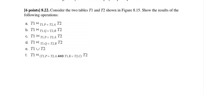 Solved [6 points) 8.22. Consider the two tables T1 and T2 | Chegg.com