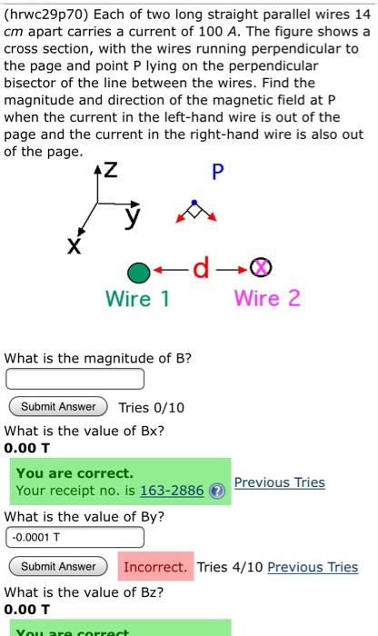 Solved (hrwc29p70) Each of two long straight parallel wires | Chegg.com