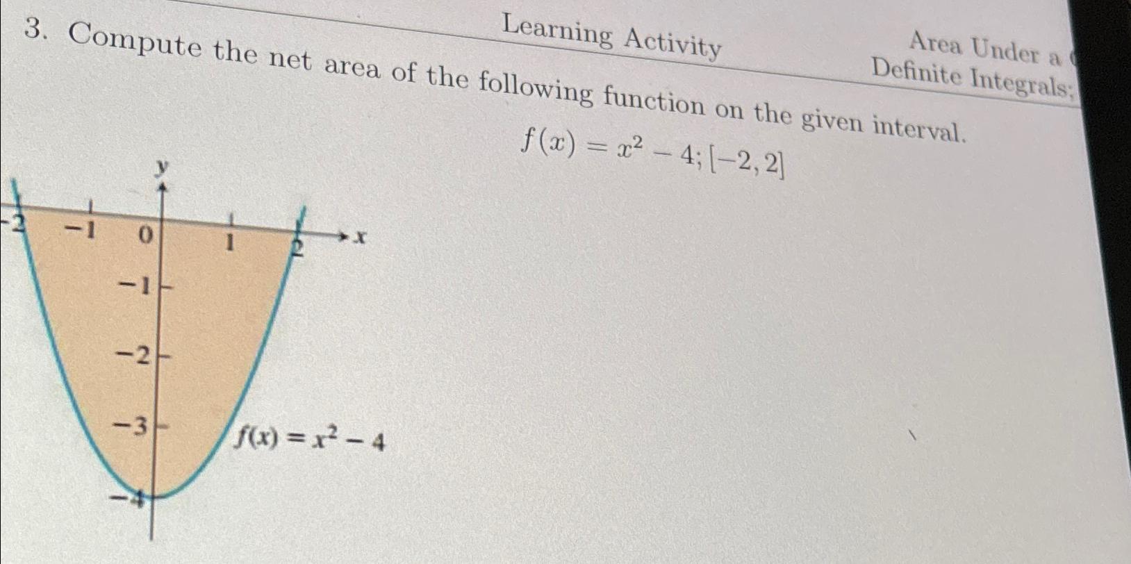 Solved Area Under a Definite Integrals:f(x)=x2-4;[-2,2] | Chegg.com