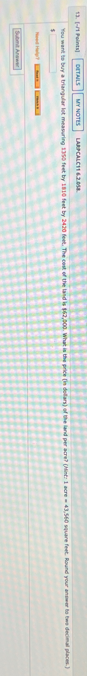Solved [-/1 ﻿Points]LARPCALC11 62.058Need Halp? | Chegg.com