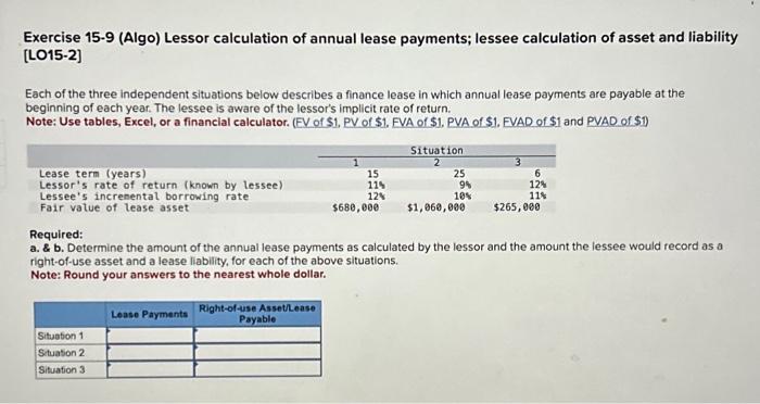 Solved Exercise 15-9 (Algo) Lessor calculation of annual | Chegg.com