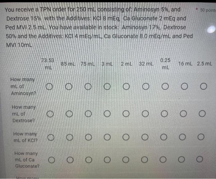 Solved You receive a TPN order for 250 mL consisting of: | Chegg.com