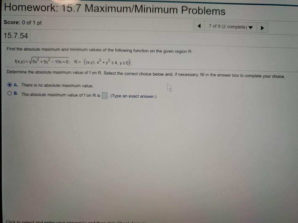 Solved Homework: 15.7 Maximum/Minimum Problems Score: 0 of 1 | Chegg.com