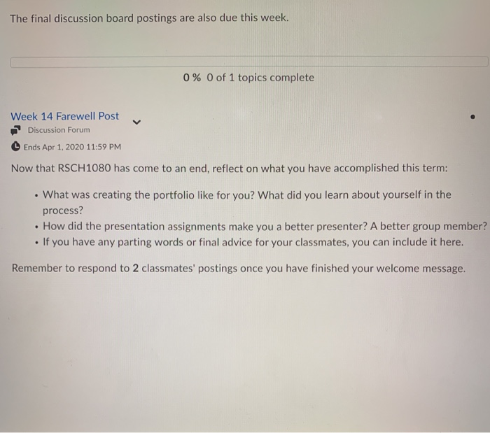 The final discussion board postings are also due this | Chegg.com