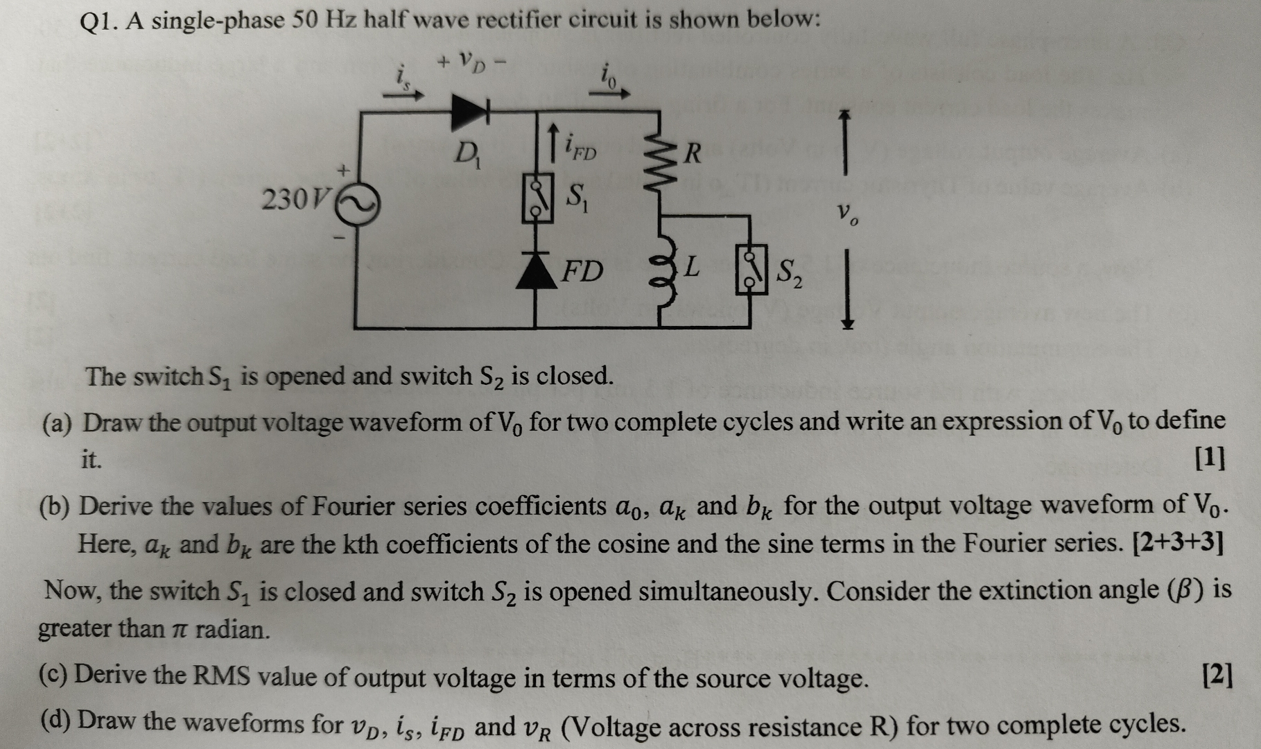 Q1. ﻿A single-phase 50Hz ﻿half wave rectifier circuit | Chegg.com