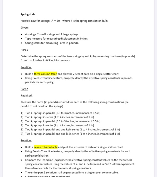 Solved Springs Lab Hooke's Law for springs: F = kx where k | Chegg.com