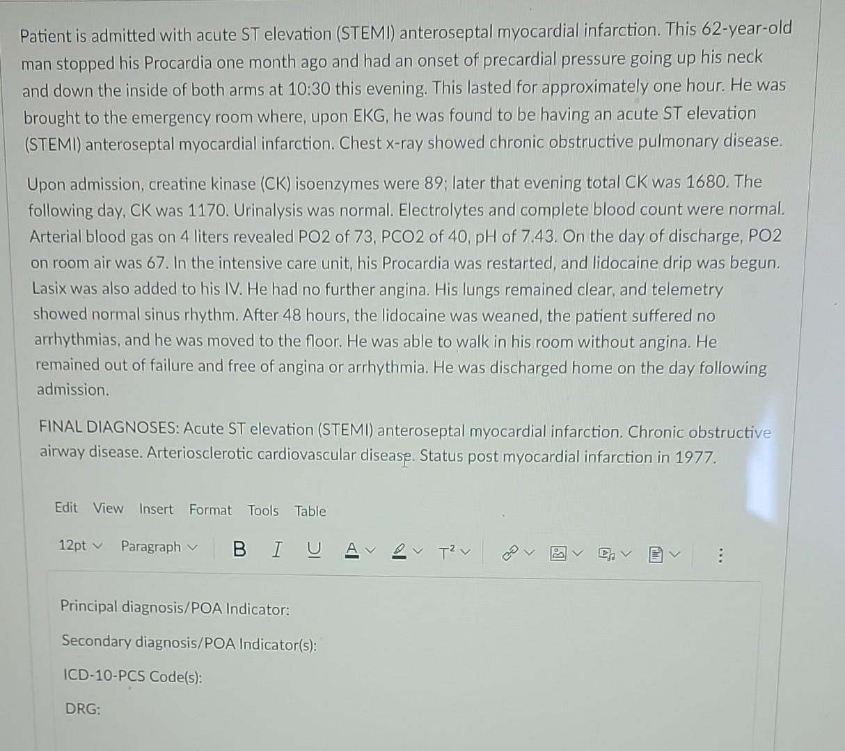 Solved code: principal diagnosis/poa indicator, secondary | Chegg.com