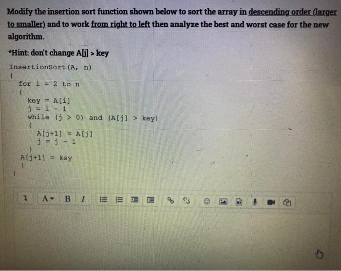 Solved Modify the insertion sort function shown below to | Chegg.com