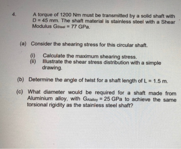 Solved A torque of 1200 Nm must be transmitted by a solid | Chegg.com