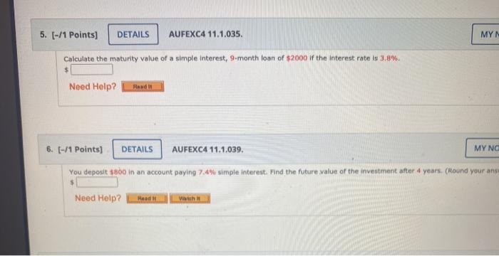 Solved 5. [-/1 Points) DETAILS AUFEXC4 11.1.035. MYN | Chegg.com